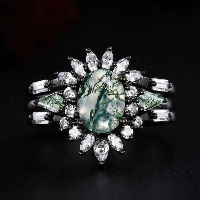 Oval Moss Agate Ring, Sterling Silver Engagement Proposal Ring - Etsy UK
