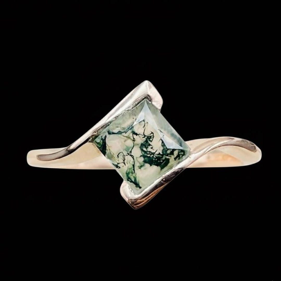 Princess Cut Moss Agate Ring, 925 Sterling Silver - Etsy