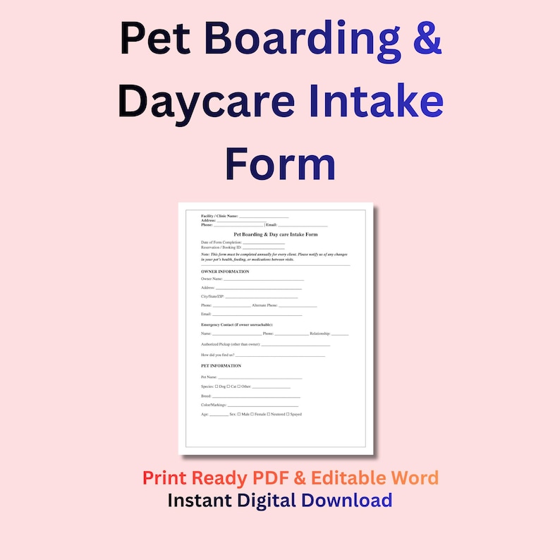 Pet Boarding & Daycare Intake Form | Printable Vet and Owner Pet ...