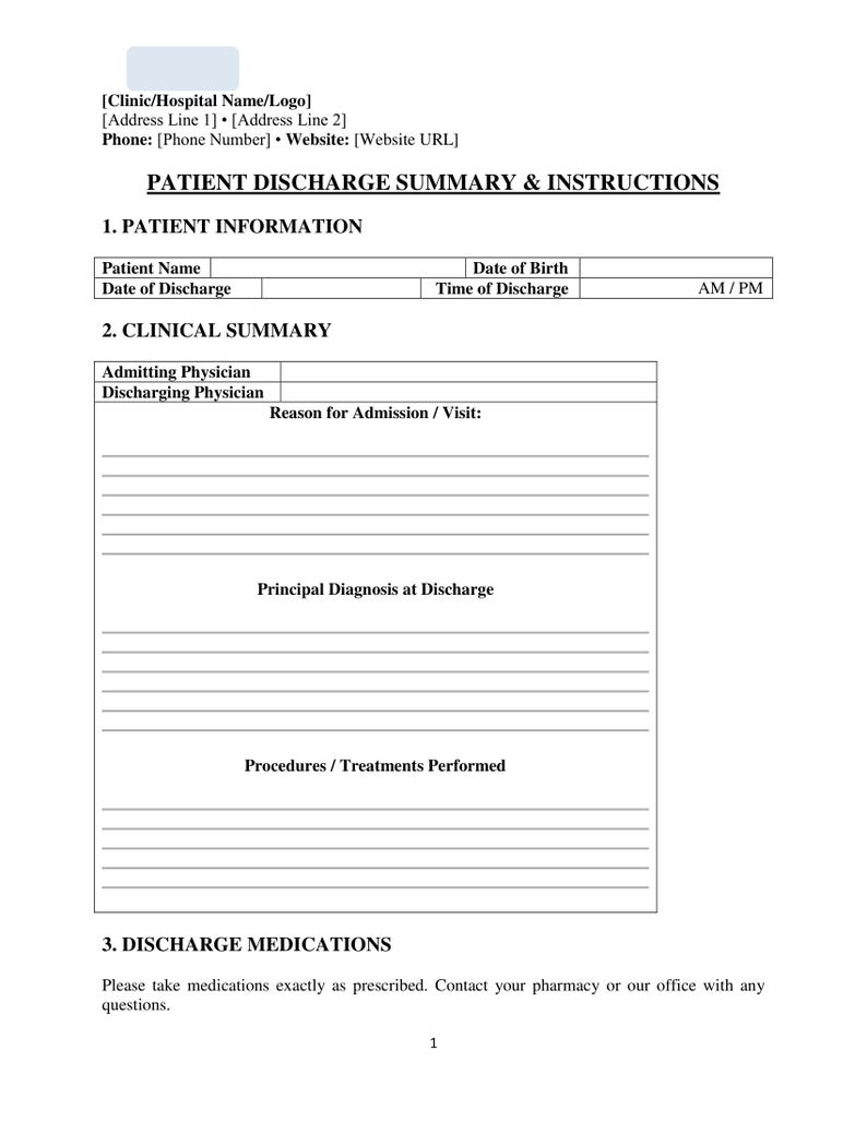 Patient Discharge Form Template | Editable Medical Summary (pdf/word ...
