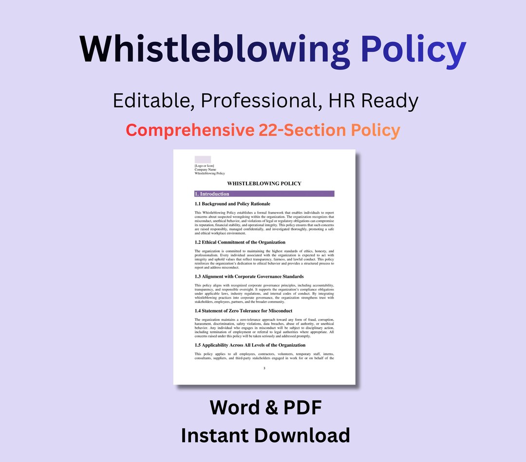 Whistleblowing Policy Template | Editable for HR Policy, Employee ...