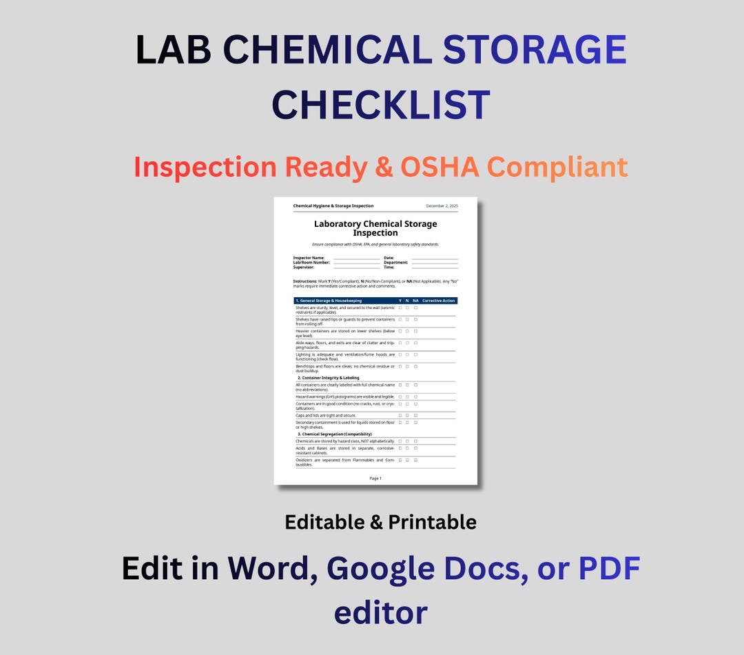 Lab Chemical Storage Inspection Checklist | OSHA Safety Audit (PDF) - Etsy