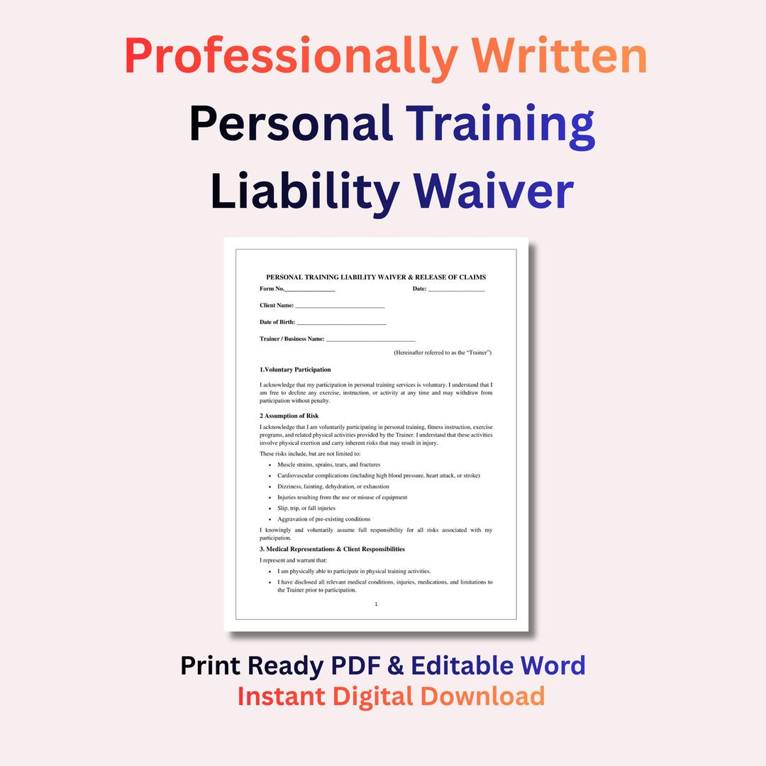 Personal Training Liability Waiver Form Fitness Trainer Release of ...
