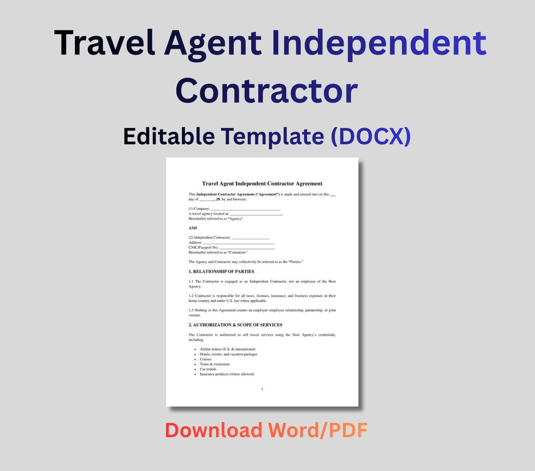 Travel Agent Independent Contractor Agreement Template (PDF & Word) - Etsy