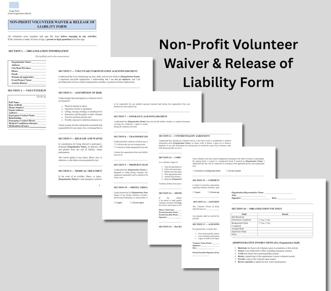 Non-profit Volunteer Waiver & Release of Liability Form | Charity ...