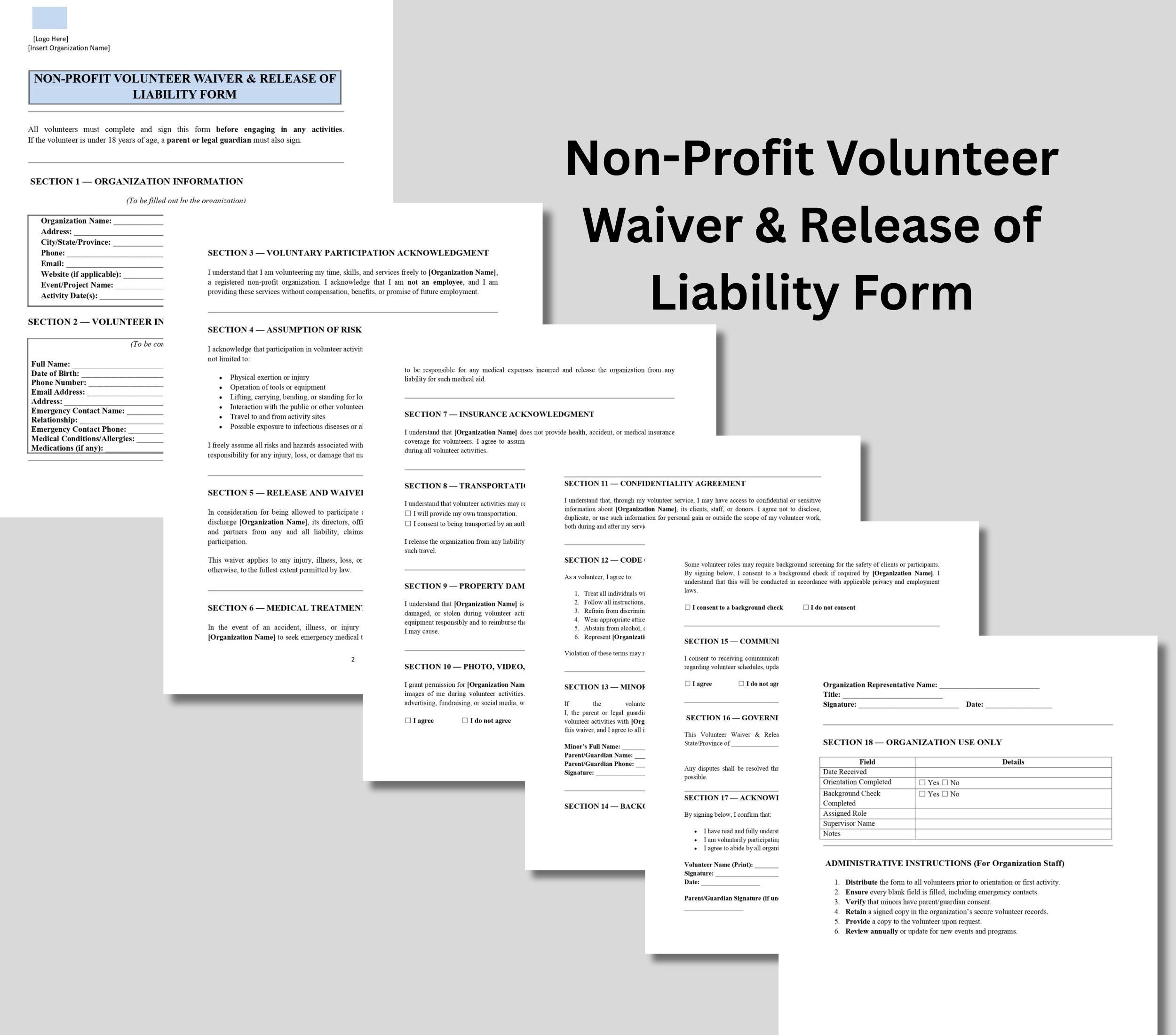 Non-profit Volunteer Waiver & Release of Liability Form | Charity ...