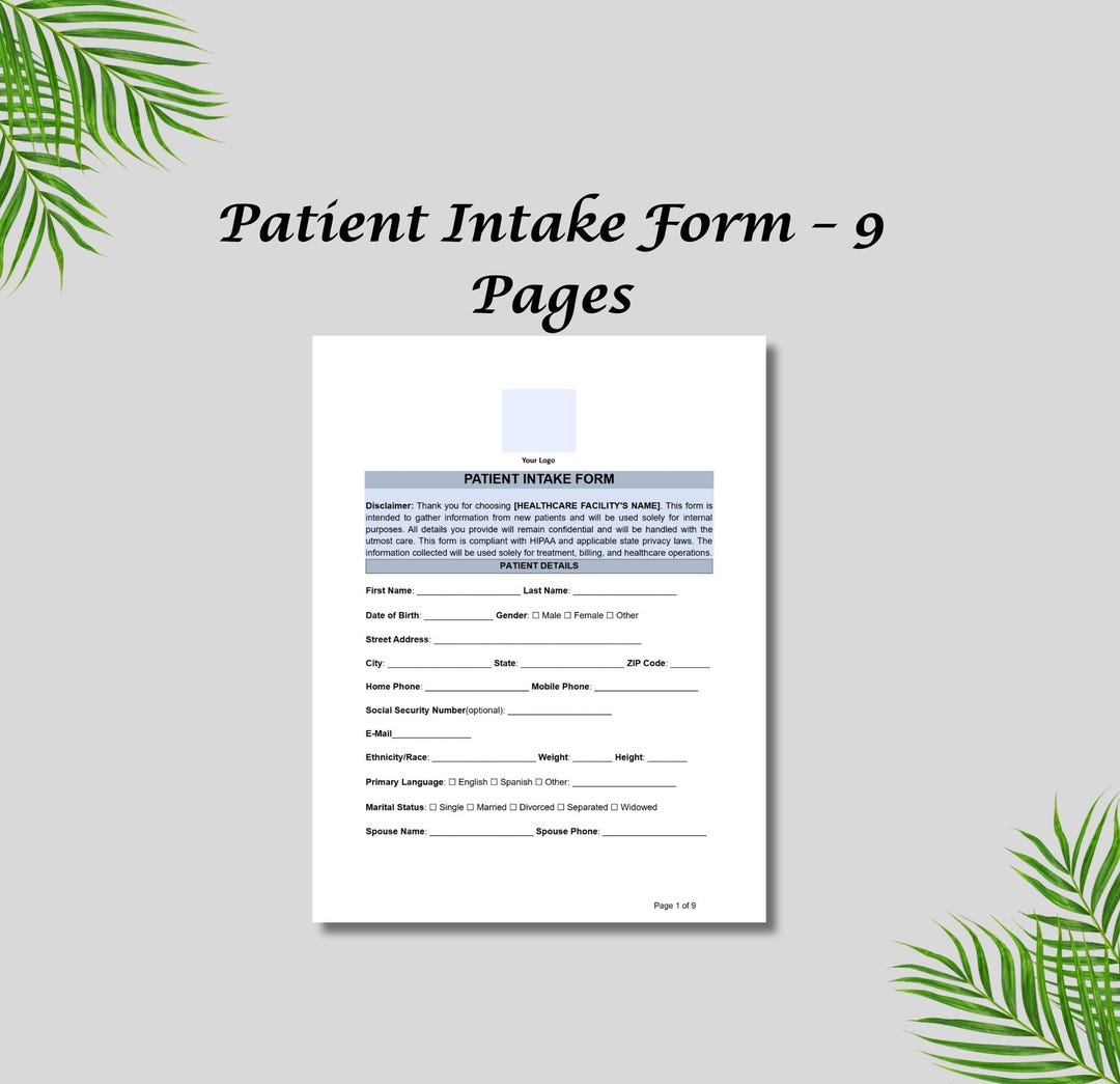 Medical Intake Form New Patient Form Patient Registration Form Editable & Printable Intake Form ...