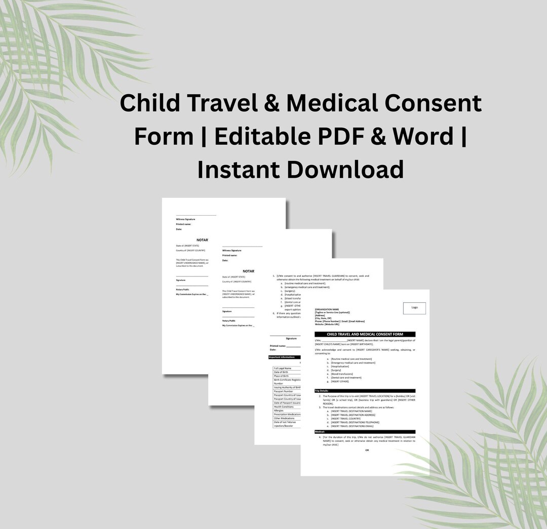 Child/minor Travel Medical Consent Form: Editable PDF & Word Template ...