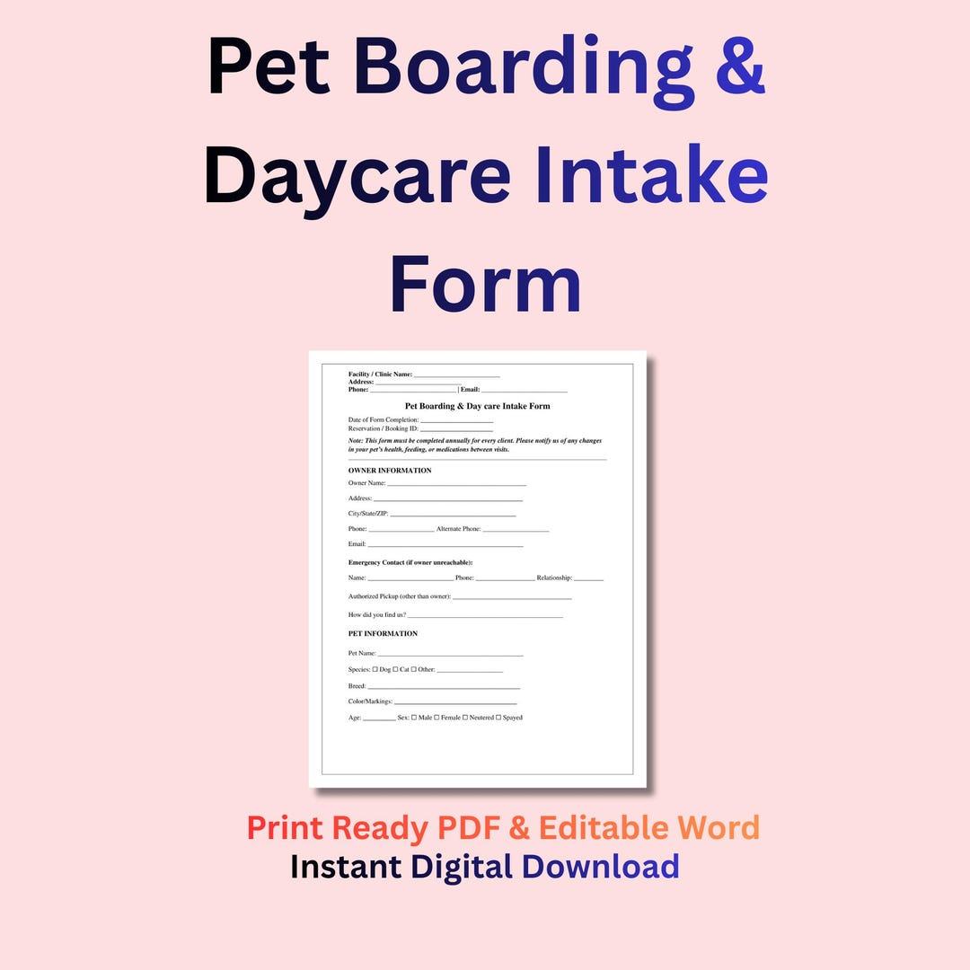 Pet Boarding & Daycare Intake Form | Printable Vet and Owner Pet ...