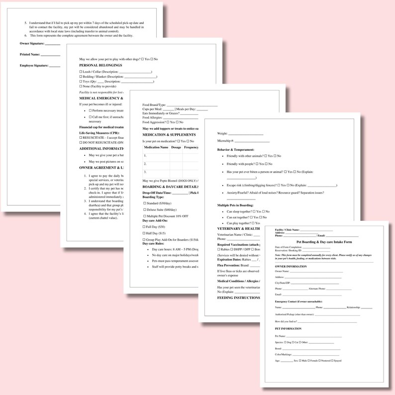 Pet Boarding & Daycare Intake Form | Printable Vet and Owner Pet ...