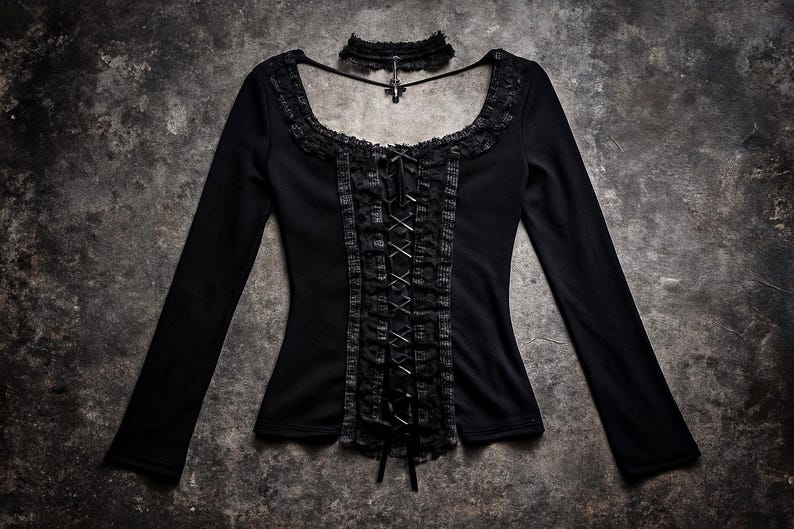 Goth Lace Trim Long Sleeve Top: Vintage Y2K Grunge Gothic Alt Edgy Punk ...