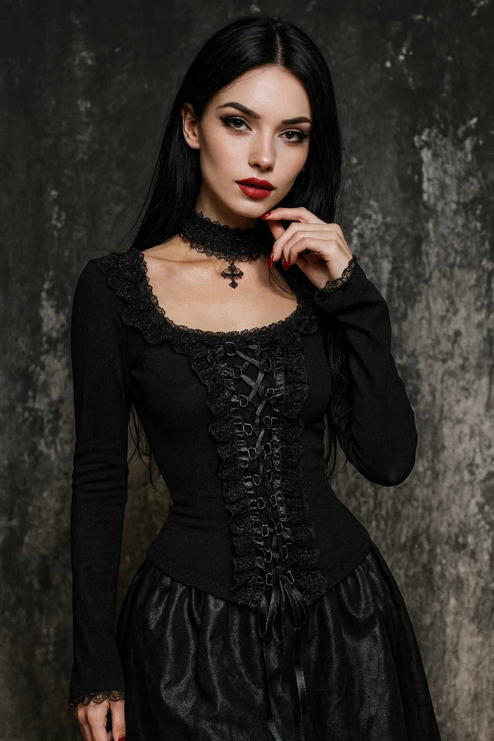 Goth Lace Trim Long Sleeve Top: Vintage Y2K Grunge Gothic Alt Edgy Punk ...