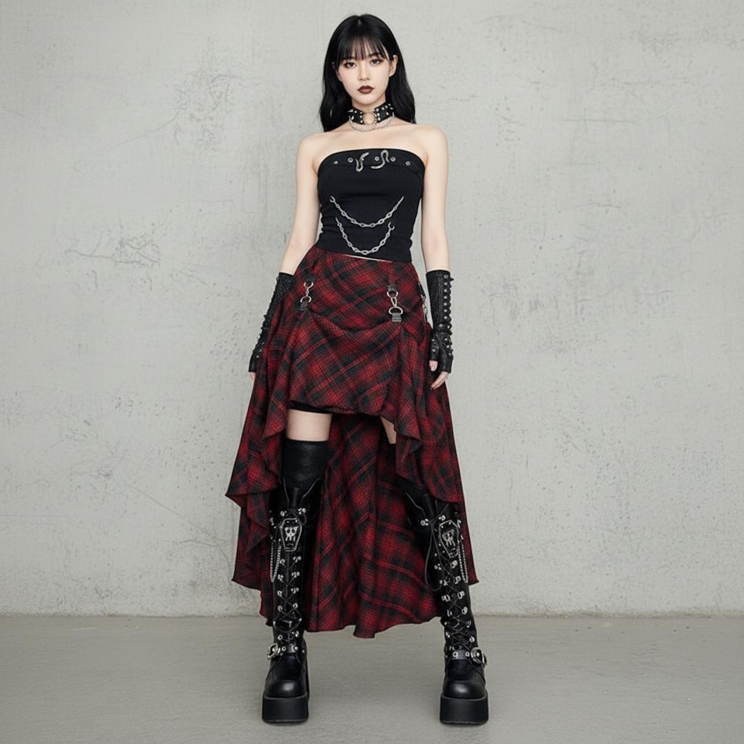 Goth Plaid High Low Skirt Outfit | Punk Grunge Kilt Style Skirt ...