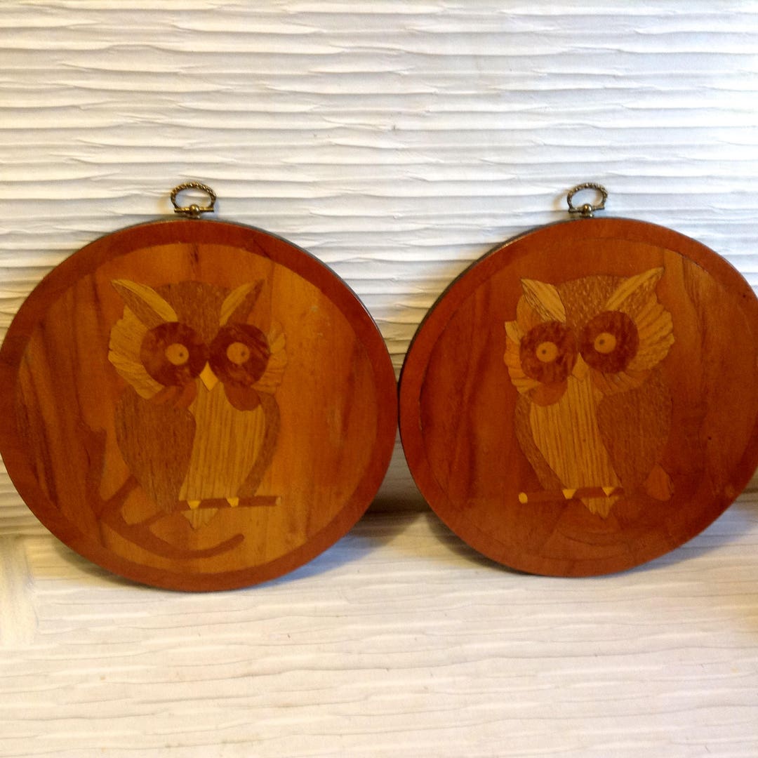 2 Owl Plaques. Wood Marquetry, Wall Decor. Vintage 1960. Mod, Pop, Mid ...