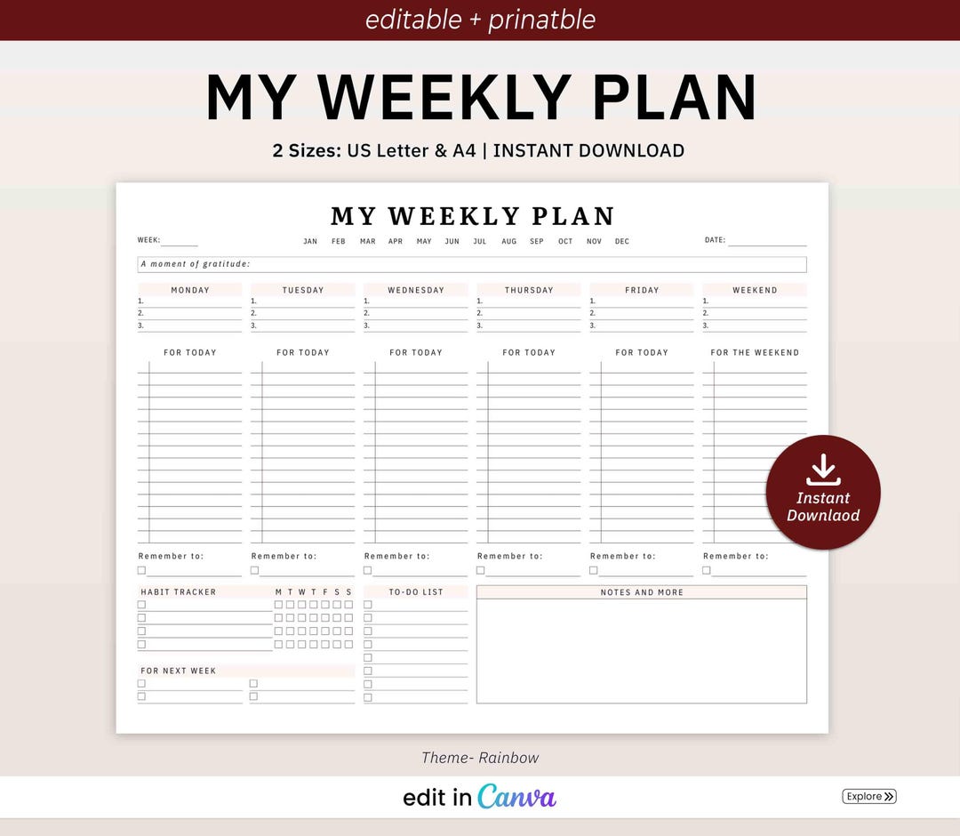 Weekly Planner Printable, Weekly Schedule, Daily Planner, Undated ...