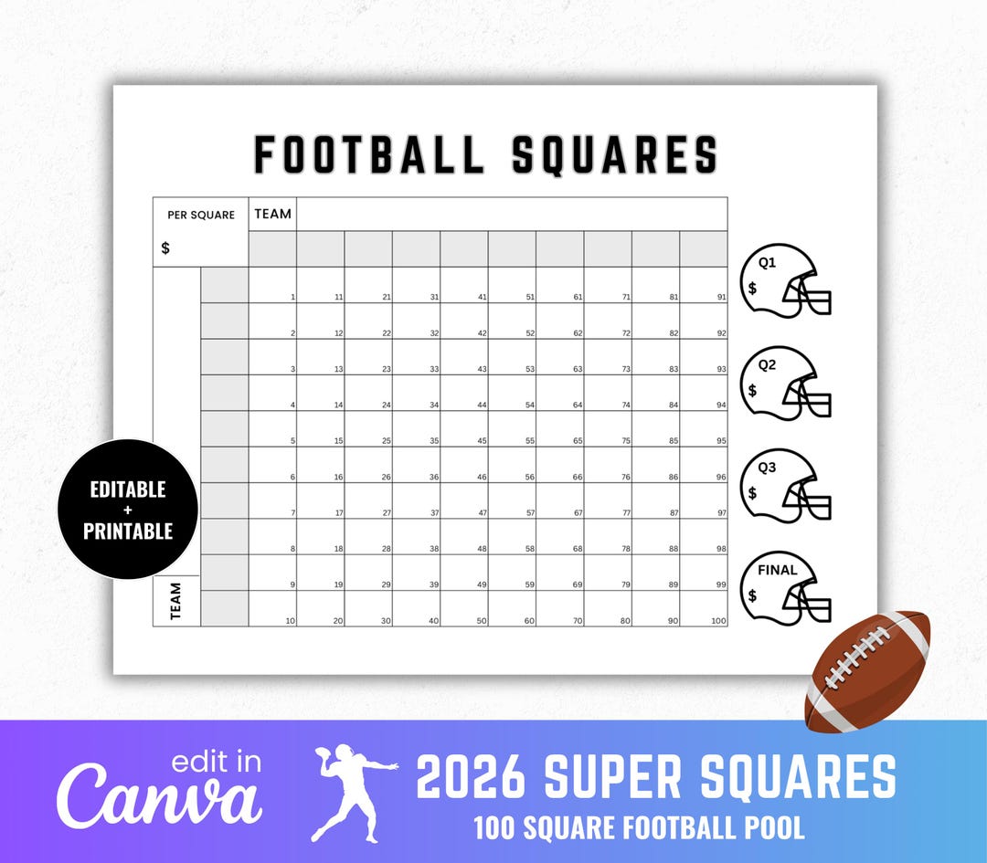 Football Squares Printable, 100 Football Squares, Football Party Games ...