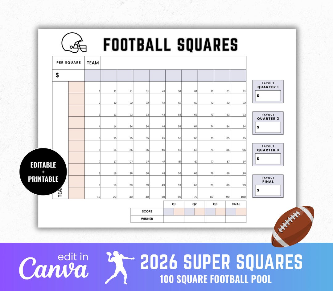 Football Squares Printable, Football Fundraiser, 100 Football Squares ...