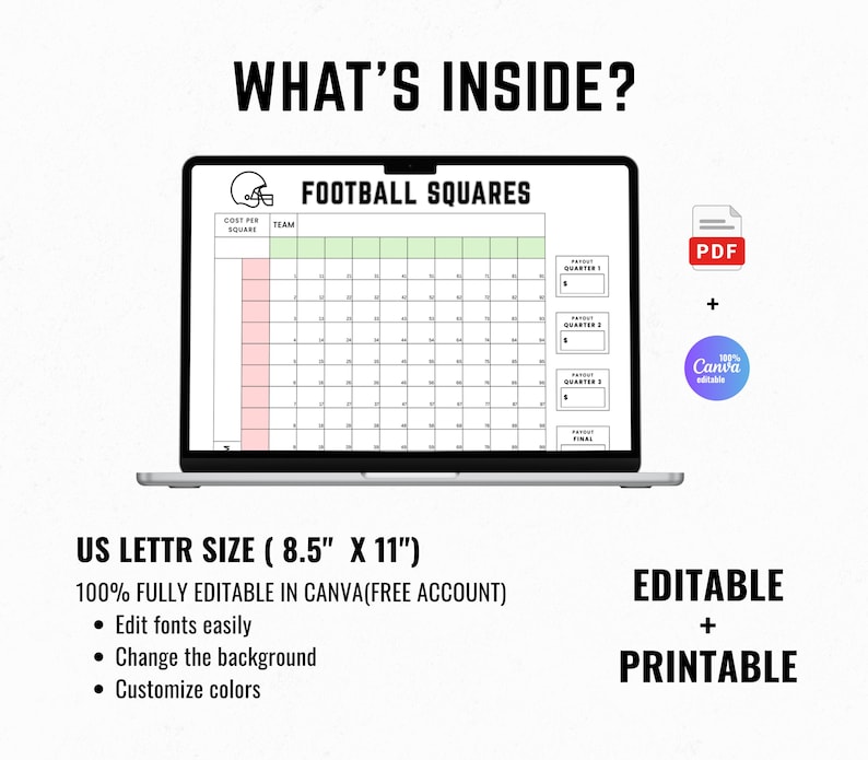 2026 Football Squares Template | Super Bowl Football Squares 100 Board ...