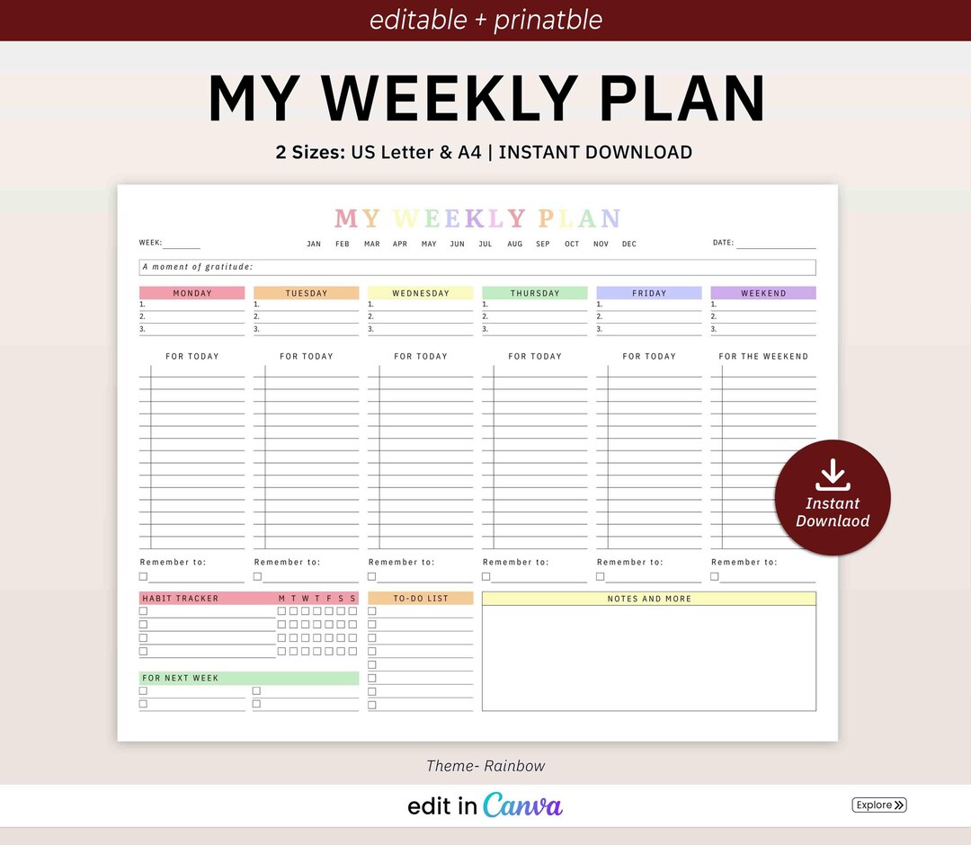 Weekly Planner Printable, Weekly Schedule, Daily Planner, Undated ...