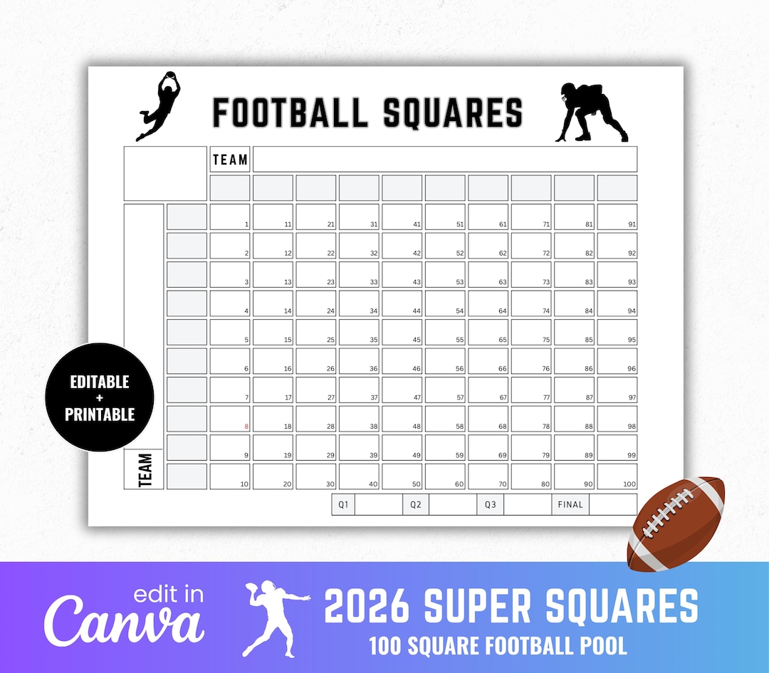 2026 Super Big Bowl Pool, 100 Football Squares Printable, Football ...