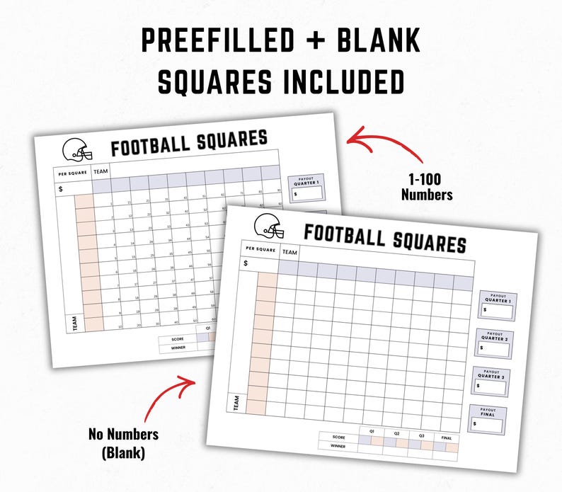 Football Squares Printable, Football Fundraiser, 100 Football Squares ...