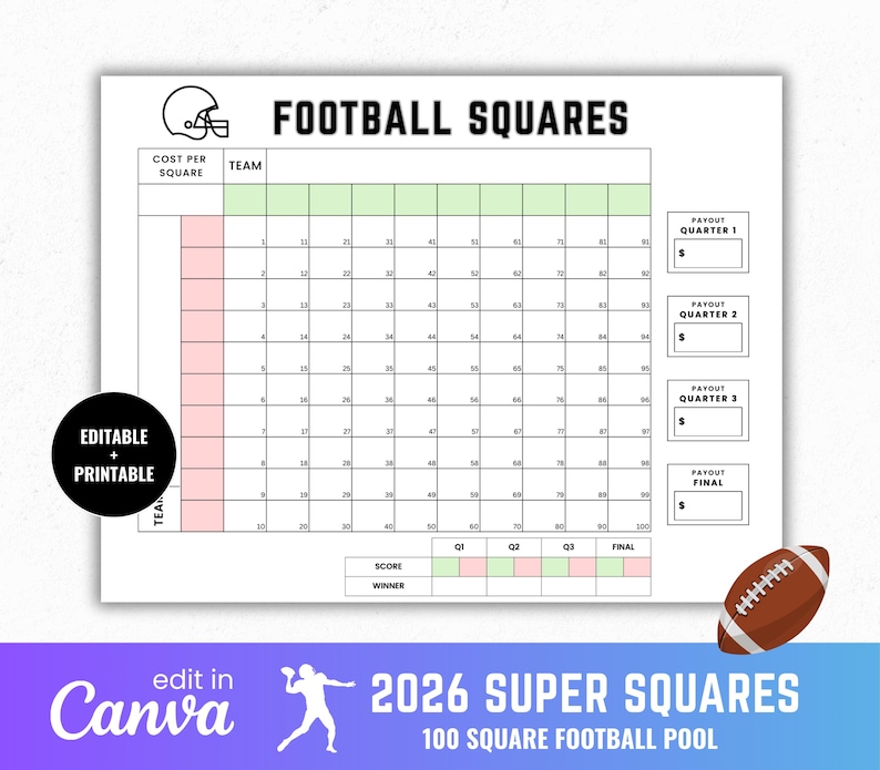 2026 Football Squares Template | Super Bowl Football Squares 100 Board ...