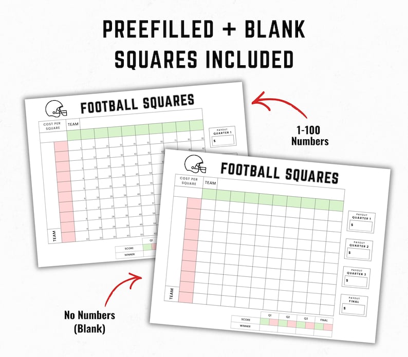 2026 Football Squares Template | Super Bowl Football Squares 100 Board ...