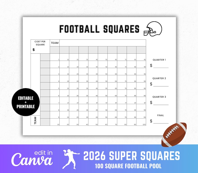 Football Squares Printable, 100 Square Football Grid, Football ...