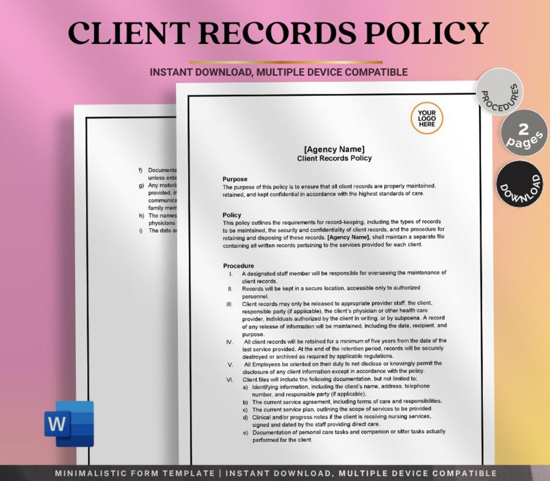 Client Records Policy Template, Editable Word Documentation Policy ...
