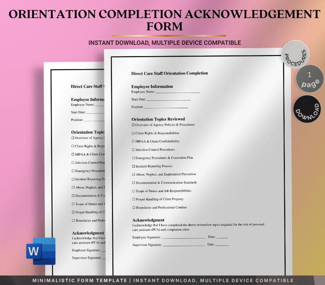 Caregiver Orientation Completion Acknowledgement Form, Editable Word ...