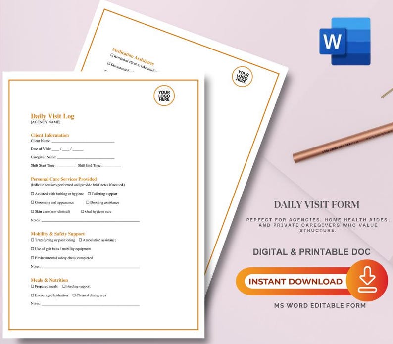 Daily Visit Log Template, Printable Caregiver Record Sheet, Client ...