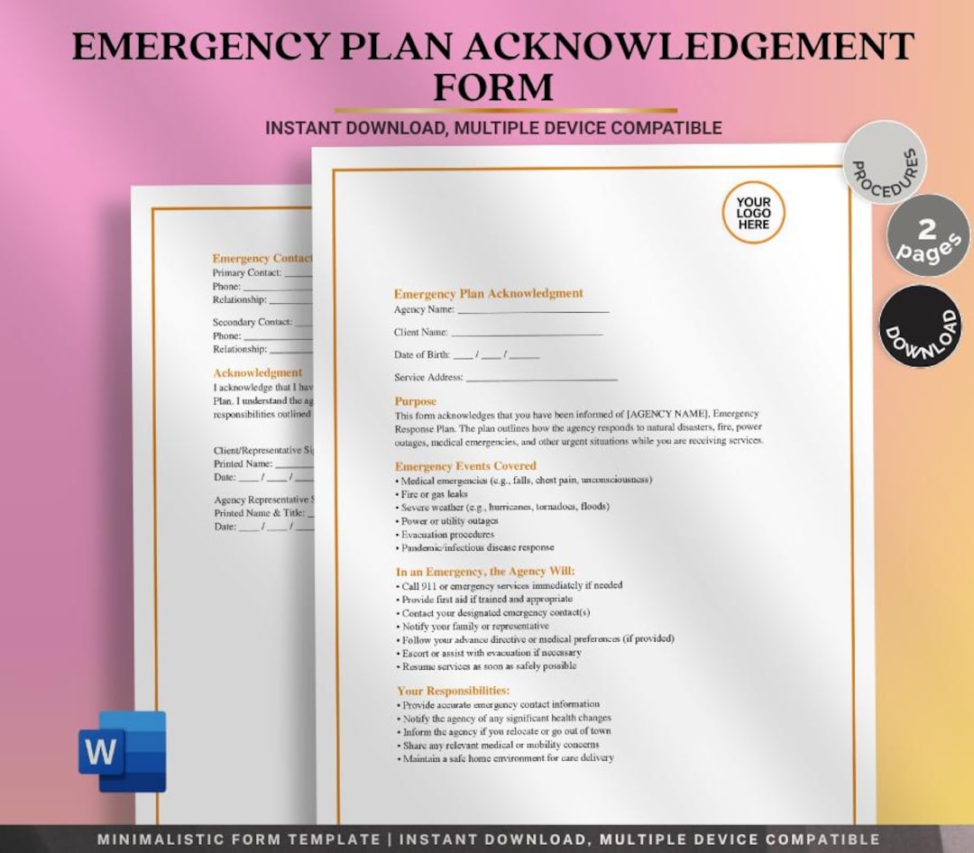 Emergency Plan Acknowledgement Form, Editable Word Safety Policy ...