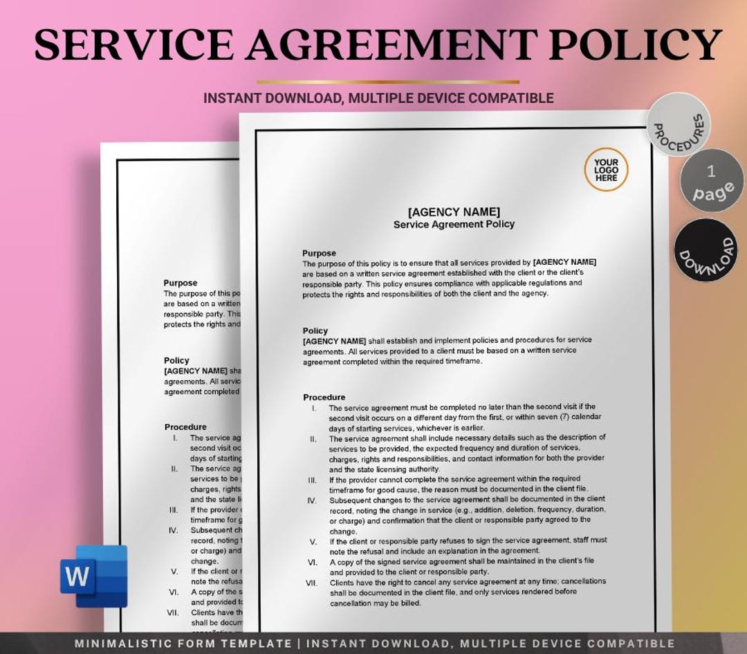 Service Agreement Policy Template, Editable Word Business Contract ...