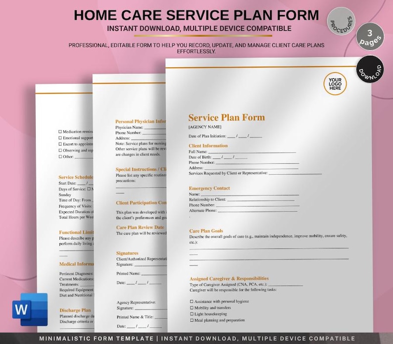 Service Plan Form Editable Non-medical Home Care Client Care Template ...