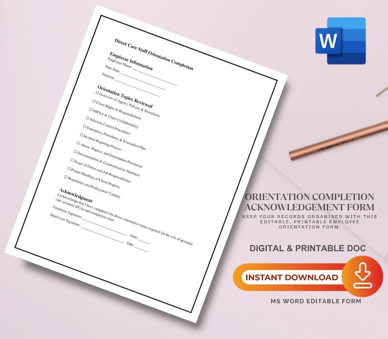 Caregiver Orientation Completion Acknowledgement Form, Editable Word ...