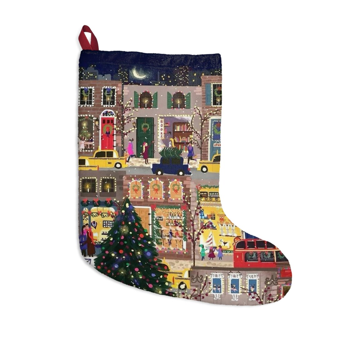 Cozy Holiday Village Christmas Stocking | Illustrated Winter Street ...