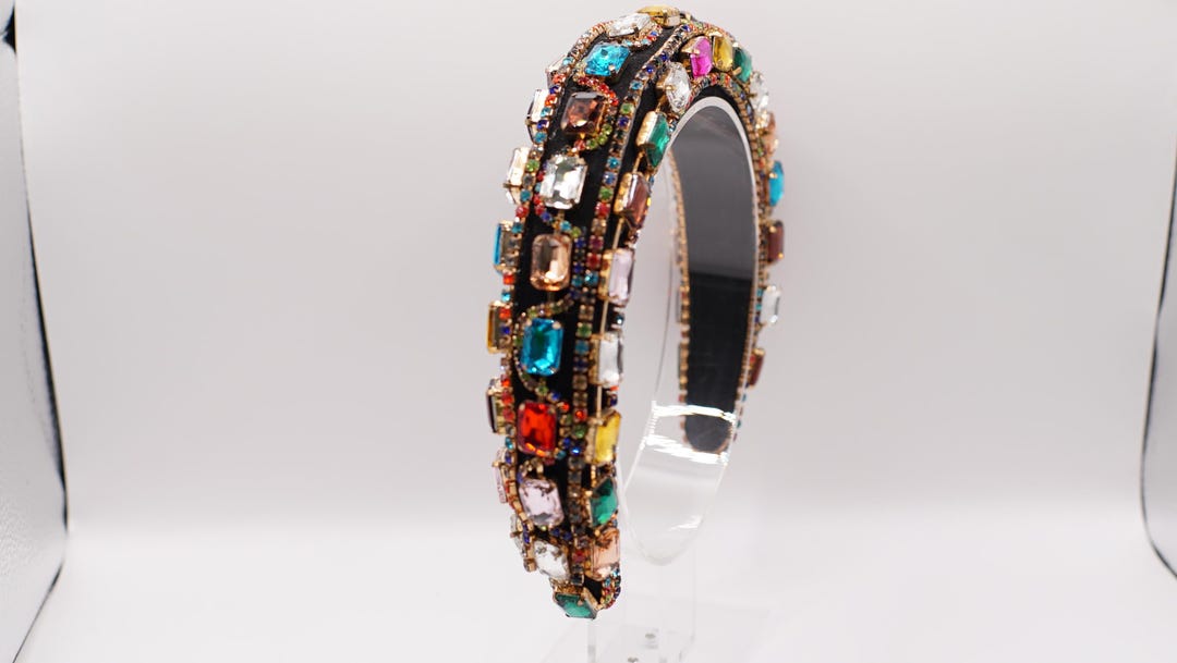 Luxe Multi-color Jeweled Black Velvet Padded Statement Headband - Etsy