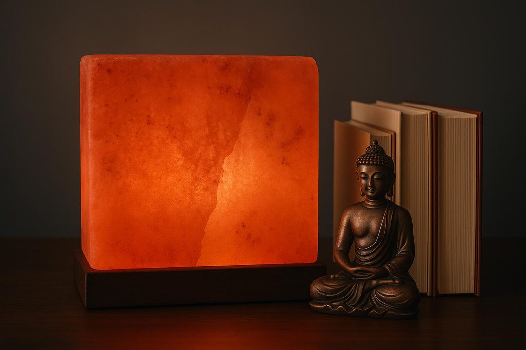 Hand Carved Cube Himalayan Salt Lamp, Amber Glow, Wooden Base - Etsy