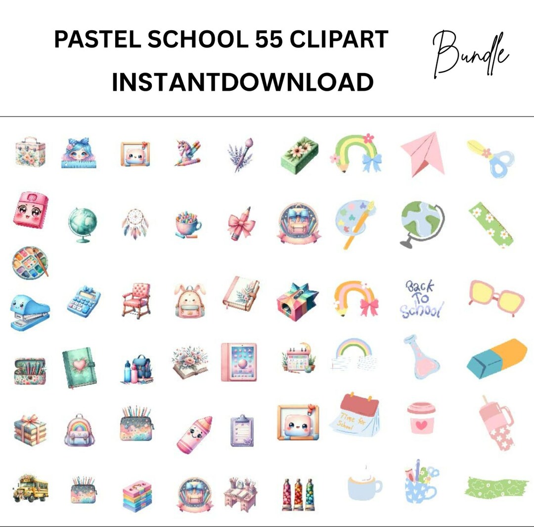 55 Adorable Pastel School Clip Art and SVG Bundle - Back to School ...