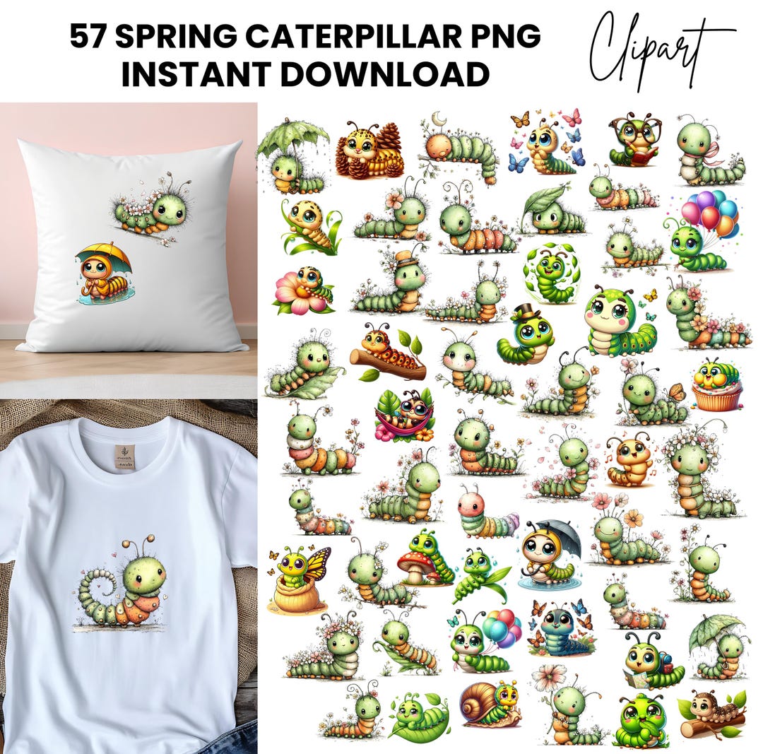 Watercolor Caterpillar Clipart – Spring Floral Bug PNG Graphics ...