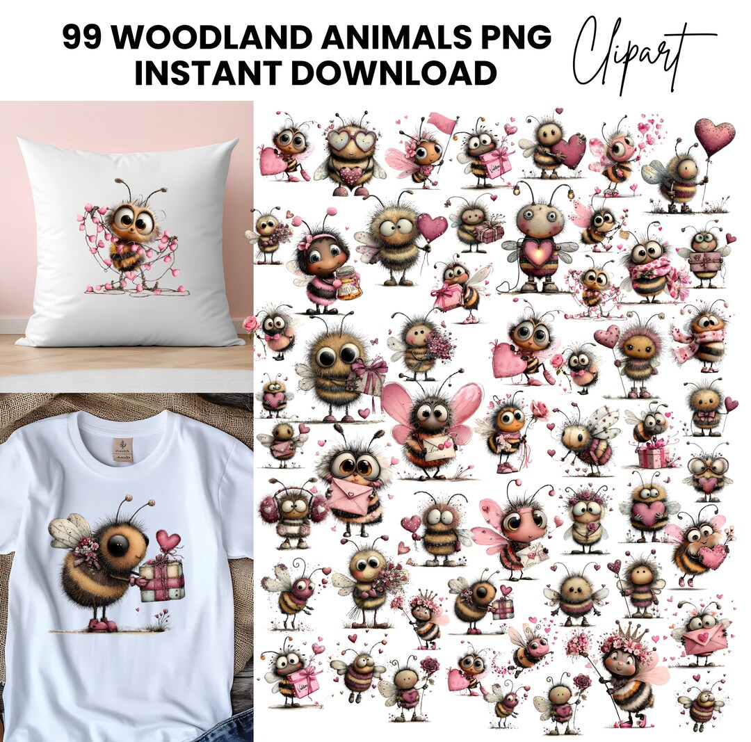 Whimsical Valentine Bee Clipart Bundle, Cute Kawaii Bees, Love Bug PNG ...