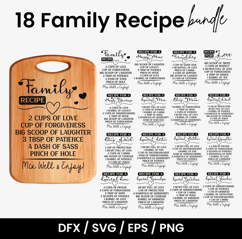 Family Recipe SVG Bundle, Kitchen Cutting Board Engraving (instant ...