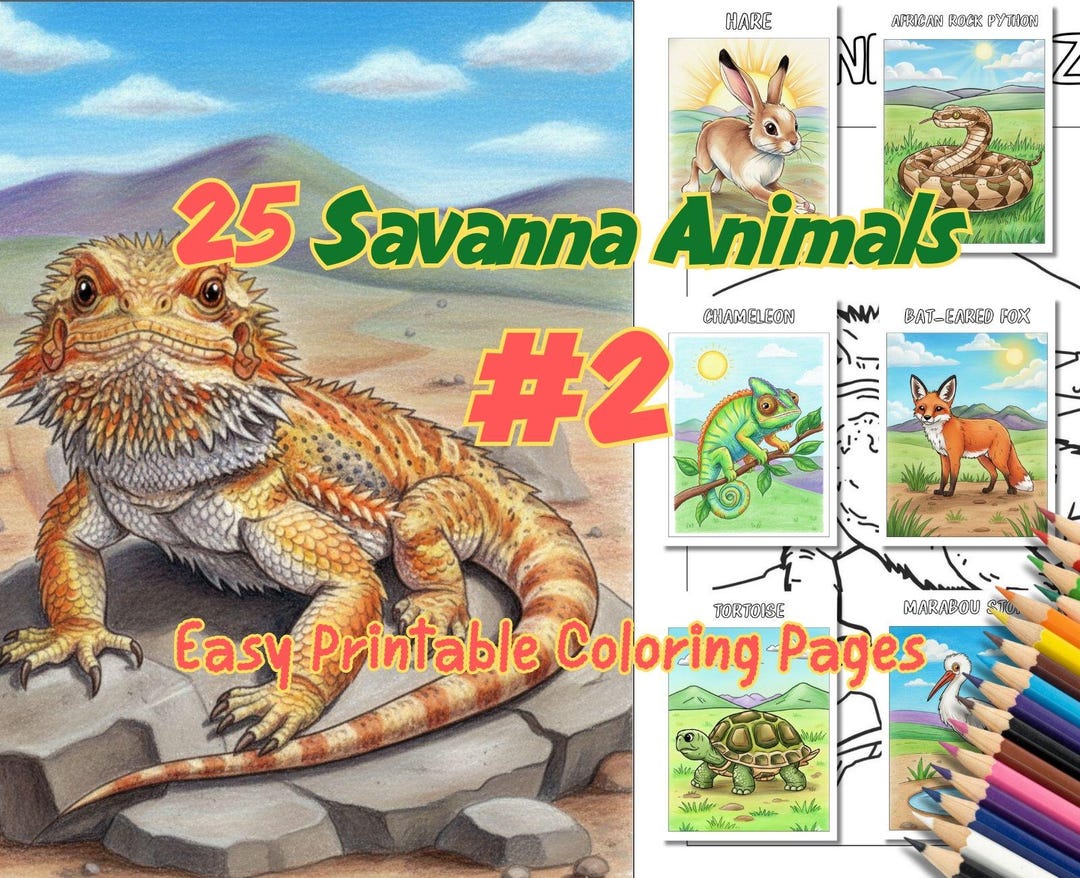 Savanna Animals Coloring Book: 25 Simple Line Art for Kids (printable ...