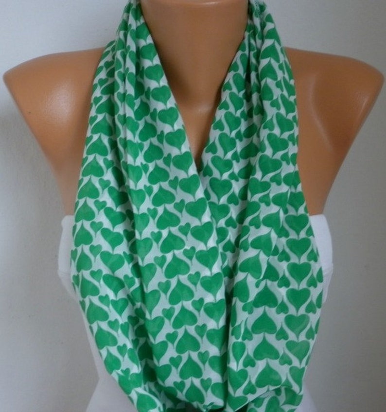 White & Kelly Green Heart Print Chiffon Infinity Scarf, Circle Loop ...