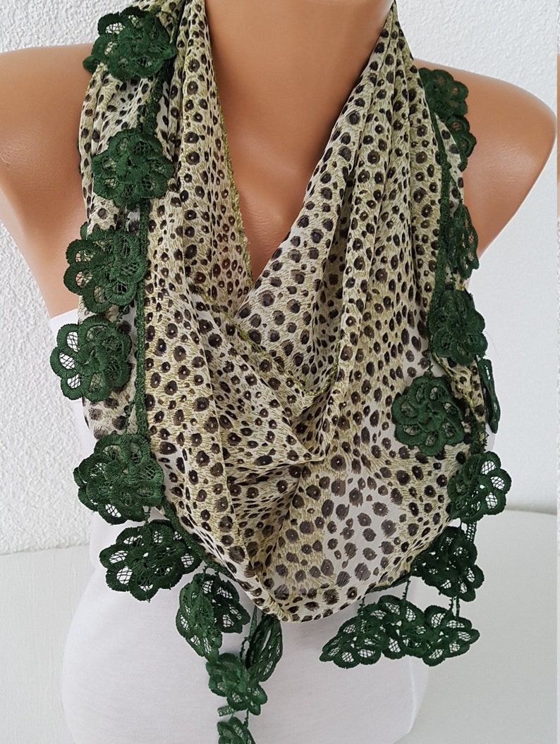 Emerald Green Cheetah Print Scarf Leopard Print Chiffon Long Lace Leaf ...