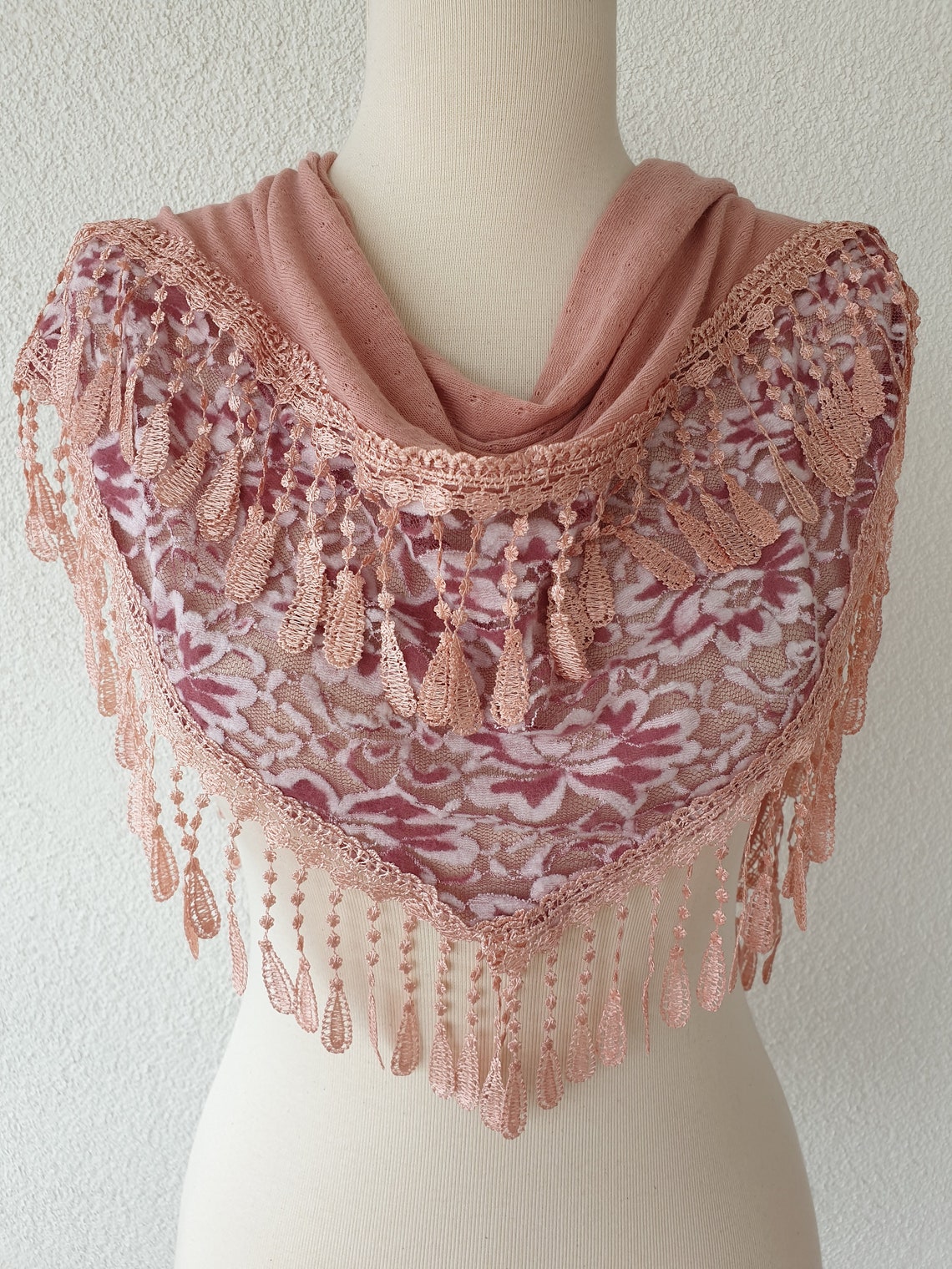 Dusty Pink Triangular Lace Scarf Fringe Trim Boho Wedding | Etsy