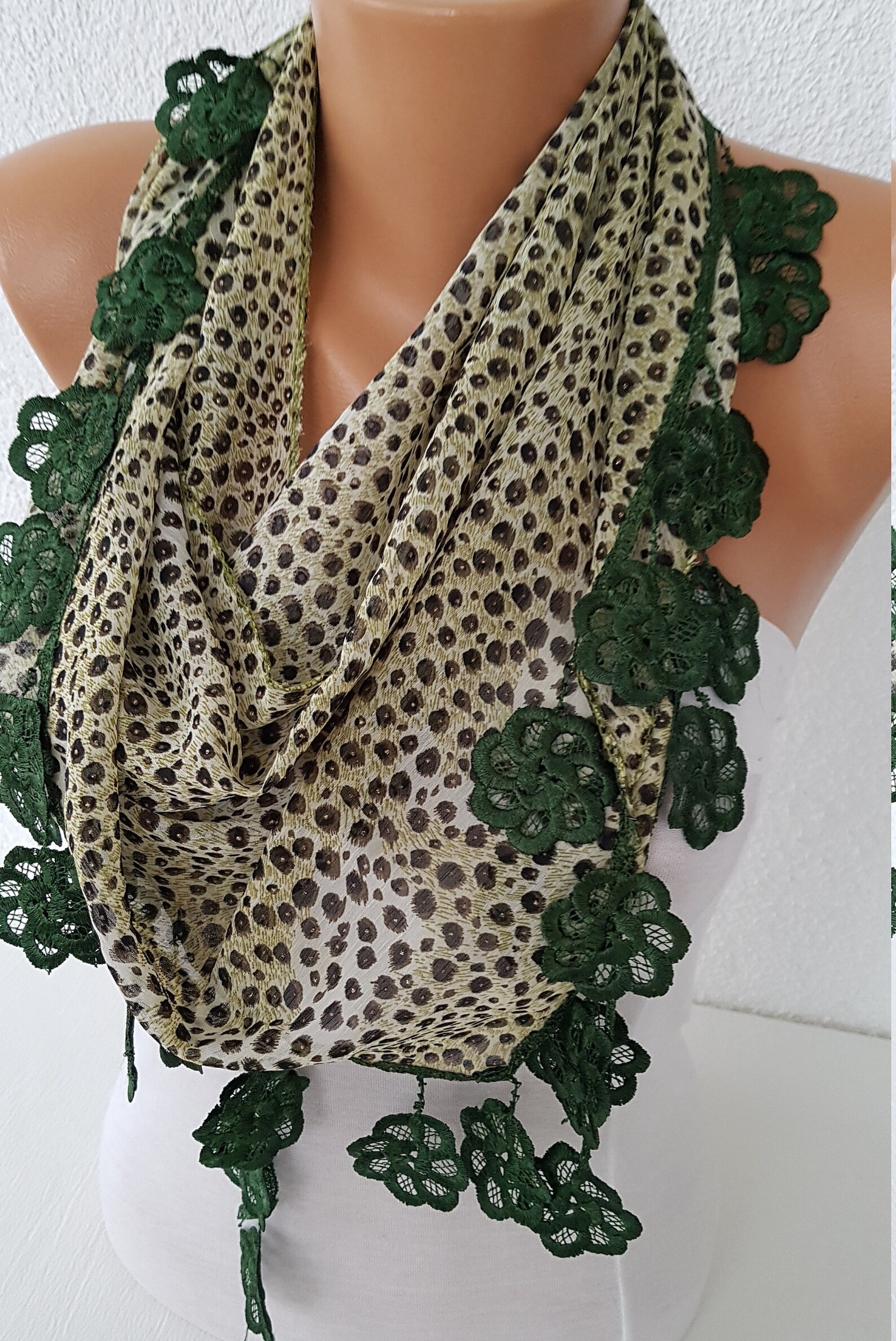 Emerald Green Cheetah Print Scarf Leopard Print Chiffon Long Lace Leaf ...