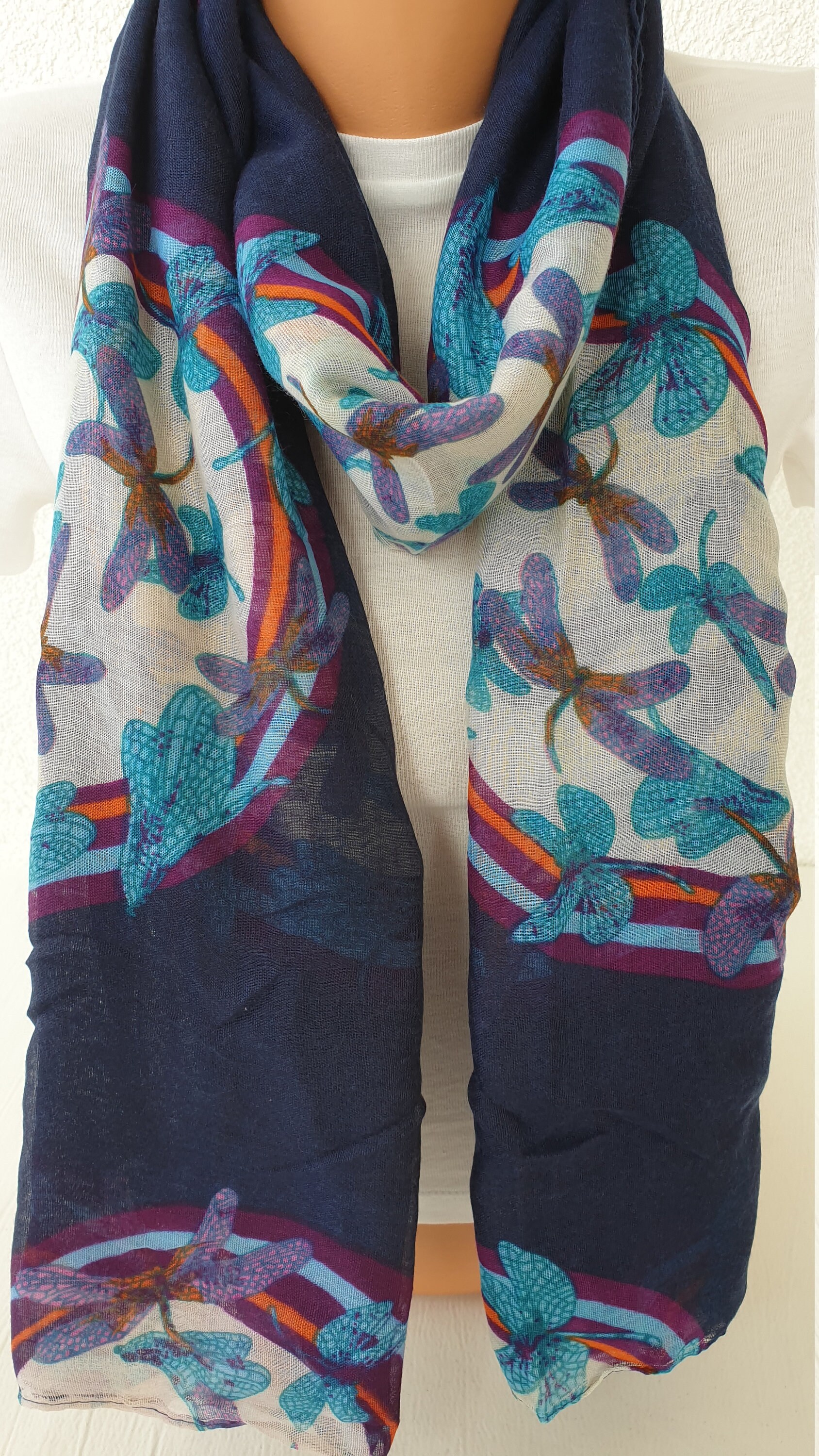 Dark Blue DRAGONFLY Print Cotton Scarf/lightweight Gift for | Etsy