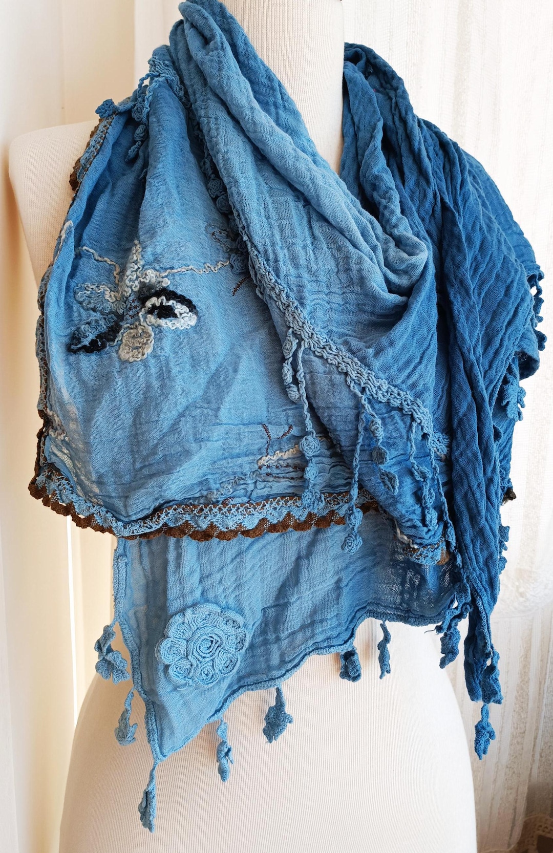Denim Triangle Scarf: Embroidered Floral Muslin Shawl - Etsy