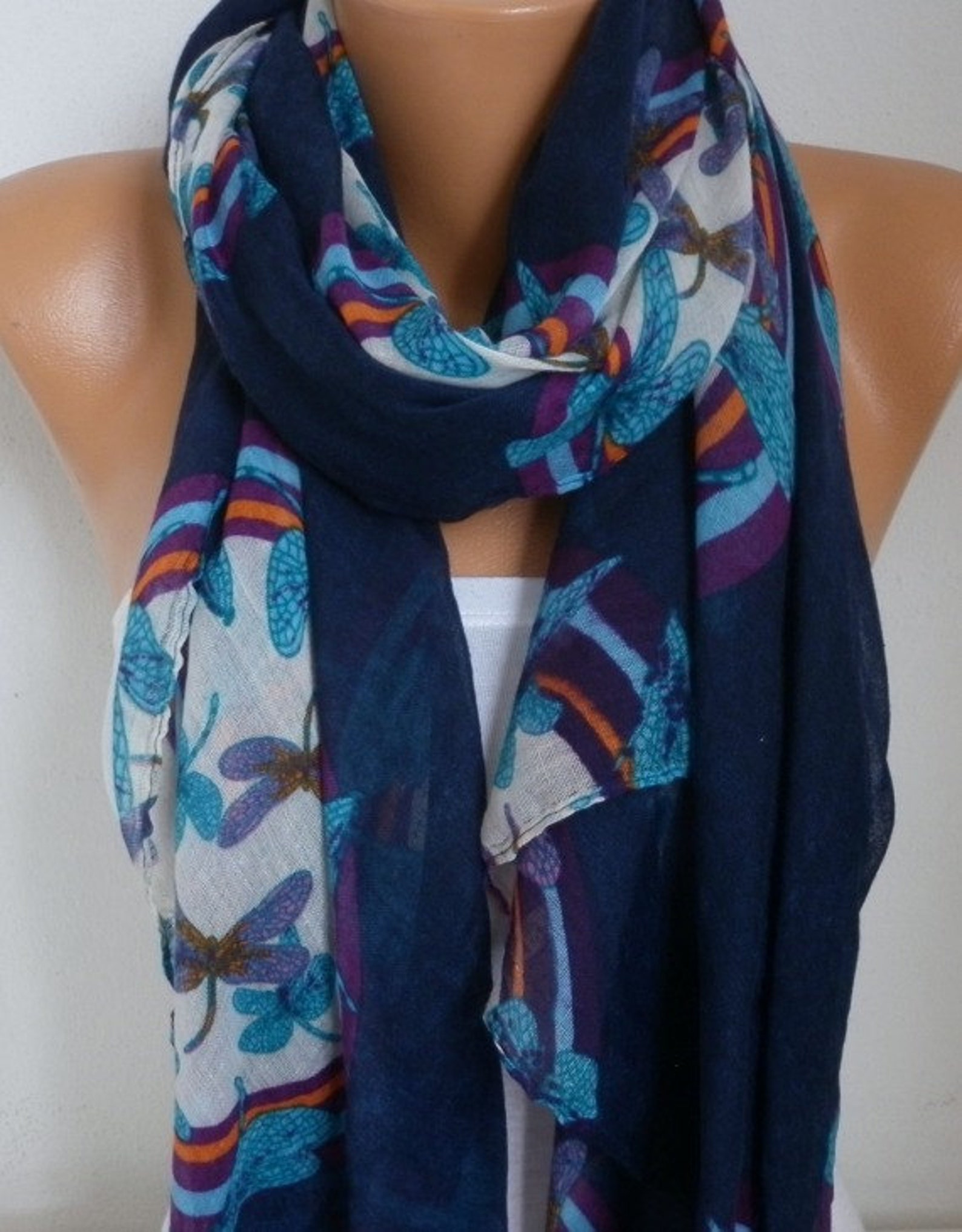 Dark Blue DRAGONFLY Print Cotton Scarf/lightweight Gift for | Etsy